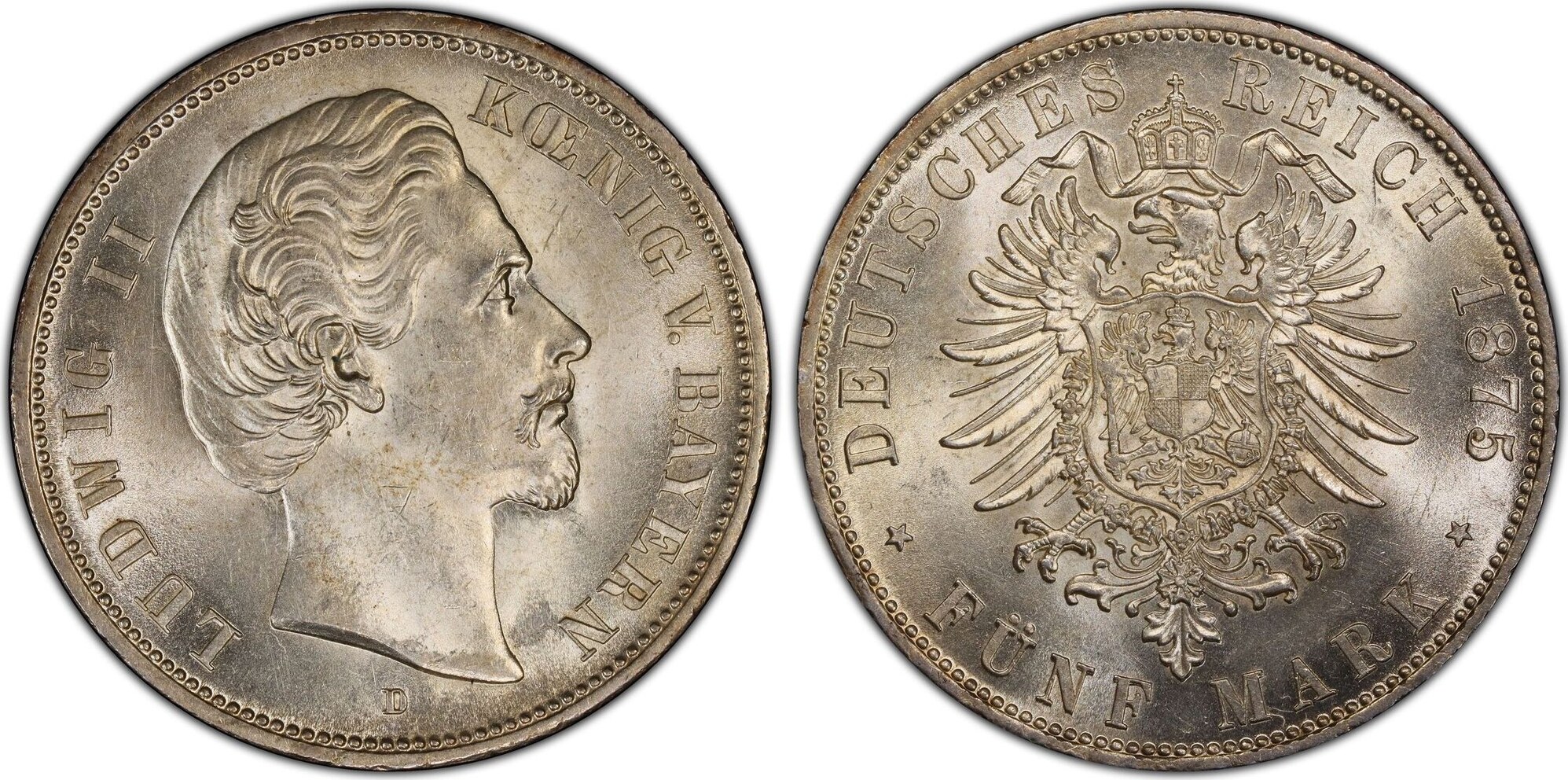 Bavaria 1875-D 5 Mark Bayern Ludwig II PCGS MS63 | MA-Shops