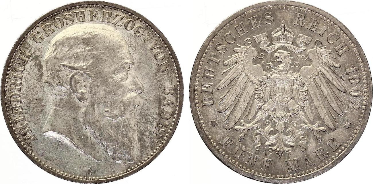 5 Mark Baden 1902 Friedrich I Jaeger 33 UNC feine Tönung | MA-Shops