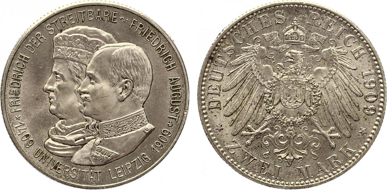 2 Mark Sachsen 1909 Uni Leipzig Jaeger 138 UNC min Rf | MA-Shops