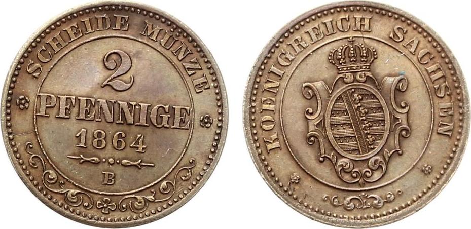 1864 B 2 Pfennig Sachsen Johann 1854-1873 EF | MA-Shops