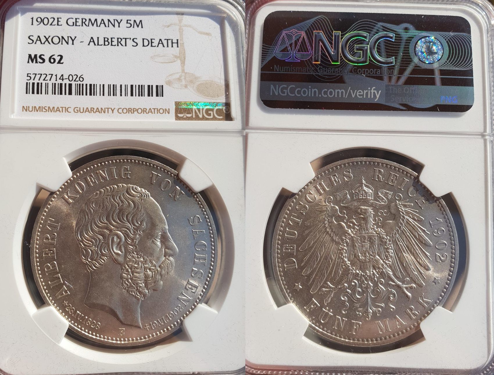 5 Mark Sachsen 1902 Auf den Tod NGC MS62 | MA-Shops