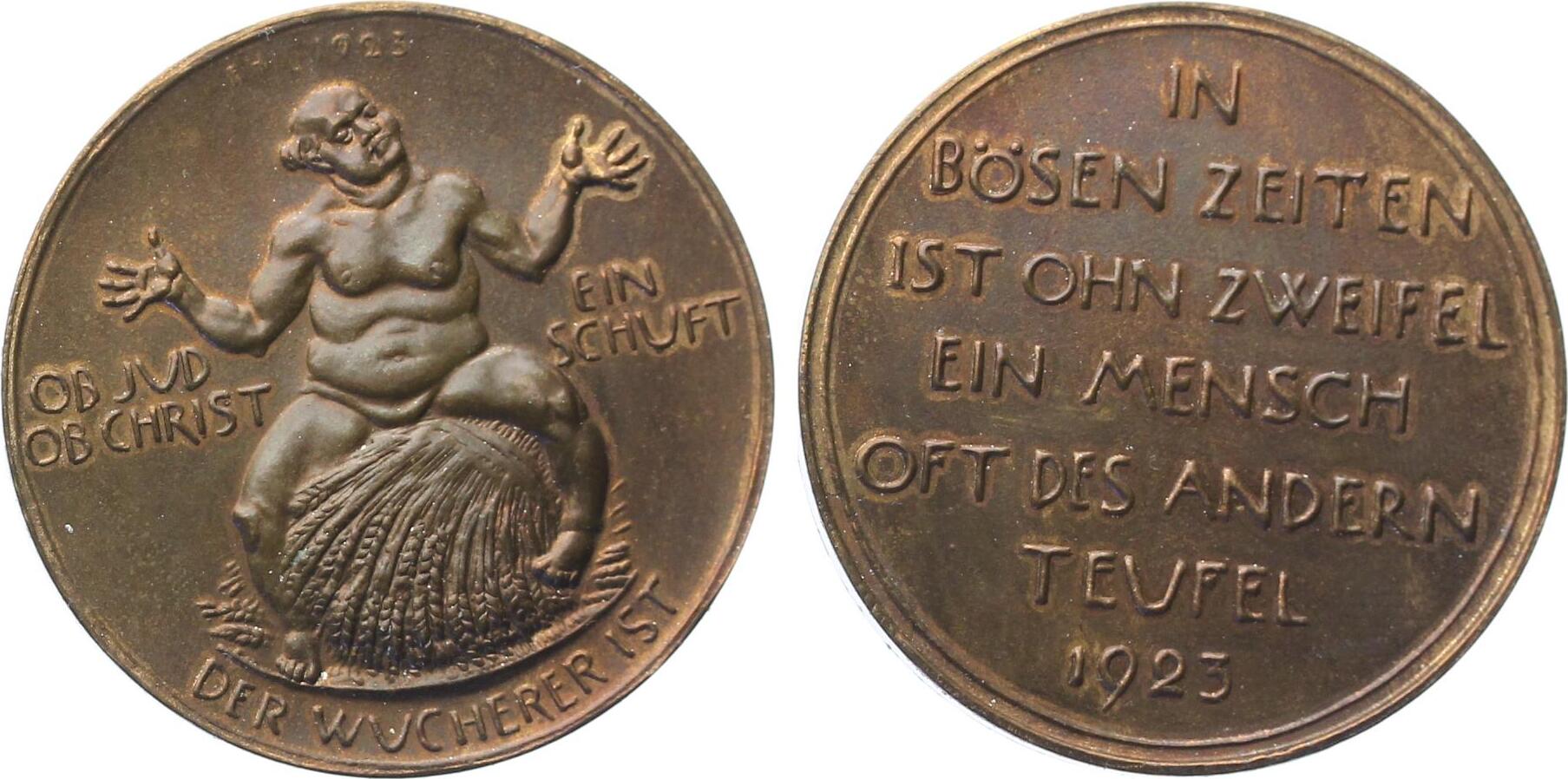 1923 Schandmedaille Ob Jud Ob Christ Ein Schuft der Wucher ist EF Kupferpatina | MA-Shops