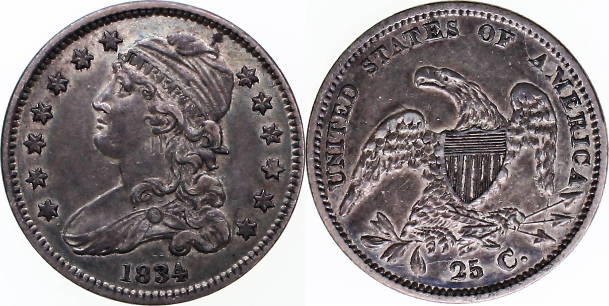 USA capped Bust 1796-1838. 25 Cents 1834 EF | MA-Shops