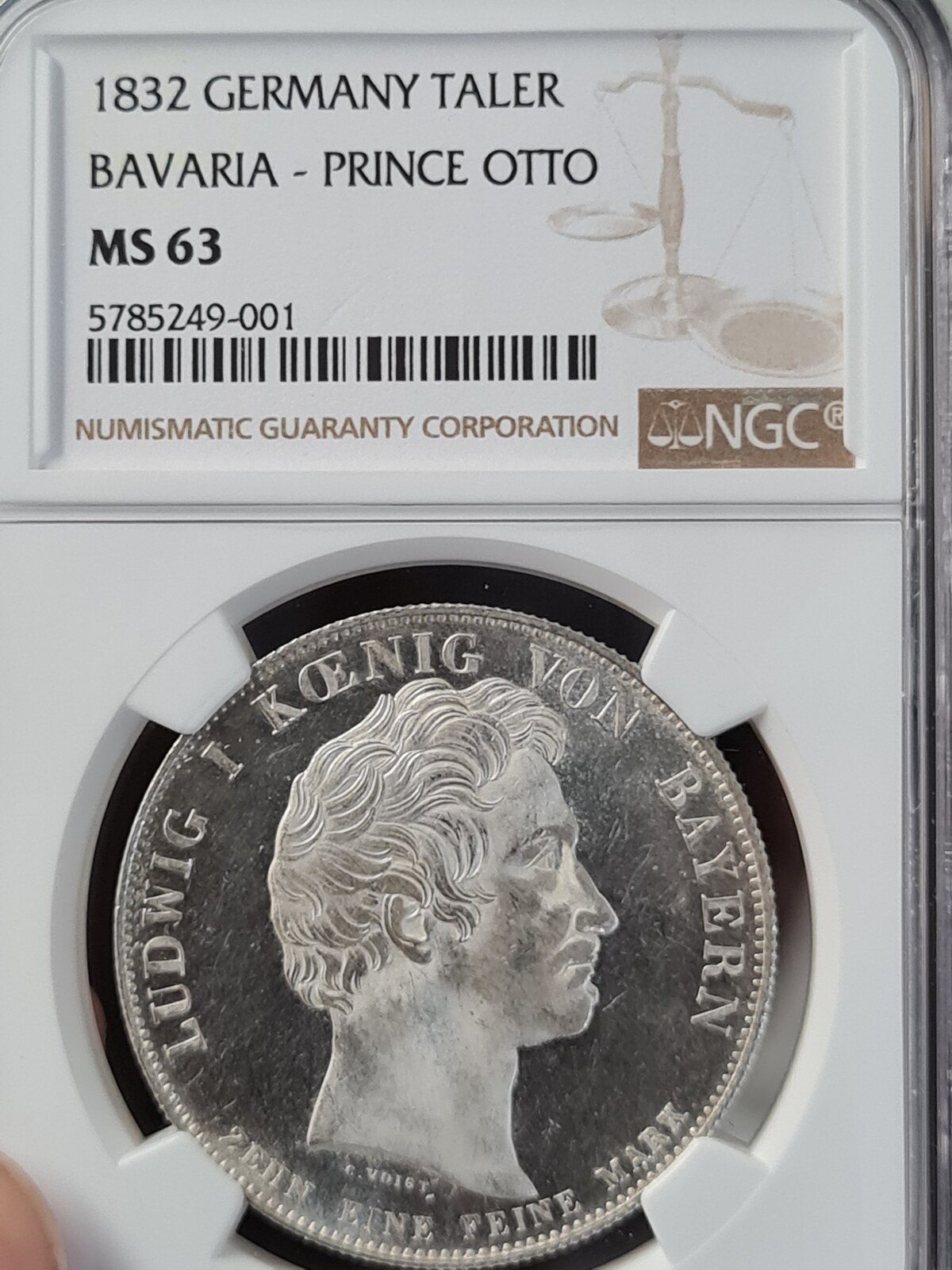 GERMANY 1832 Bavaria Taler Prince Otto NGC MS 63 | MA-Shops