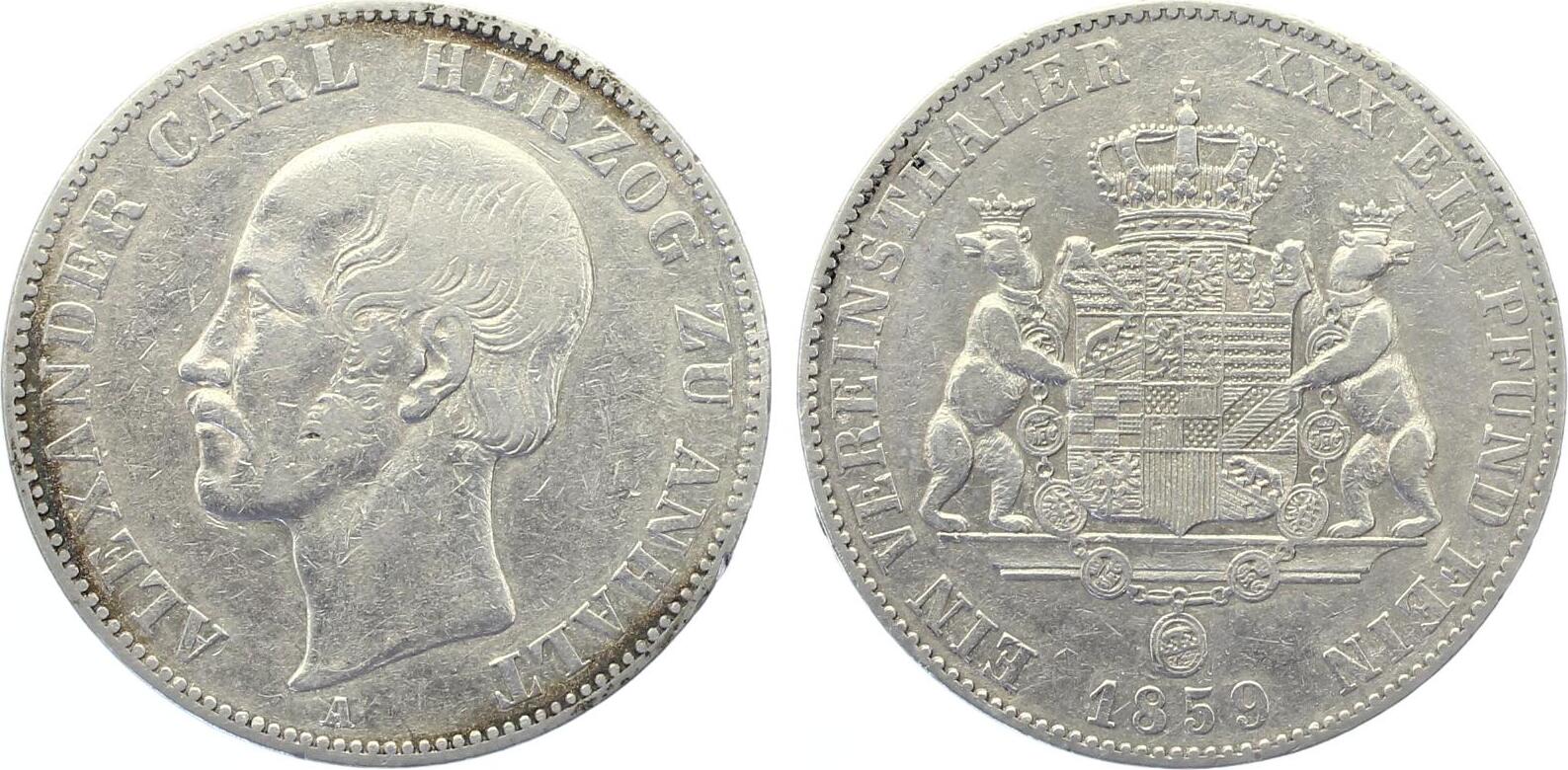 Anhalt Bernburg 1 Taler 1859 Alexander Carl 1834-1863 VF | MA-Shops