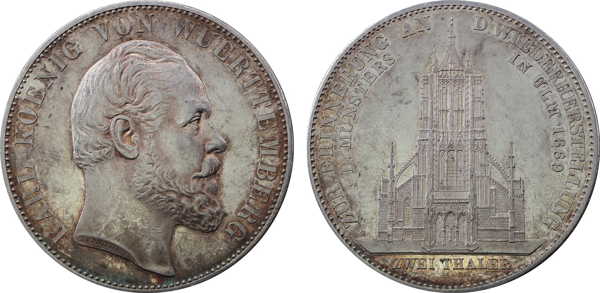 1869 Württemberg Doppeltaler Ulmer münster Karl AKS 131 UNC- feine ...