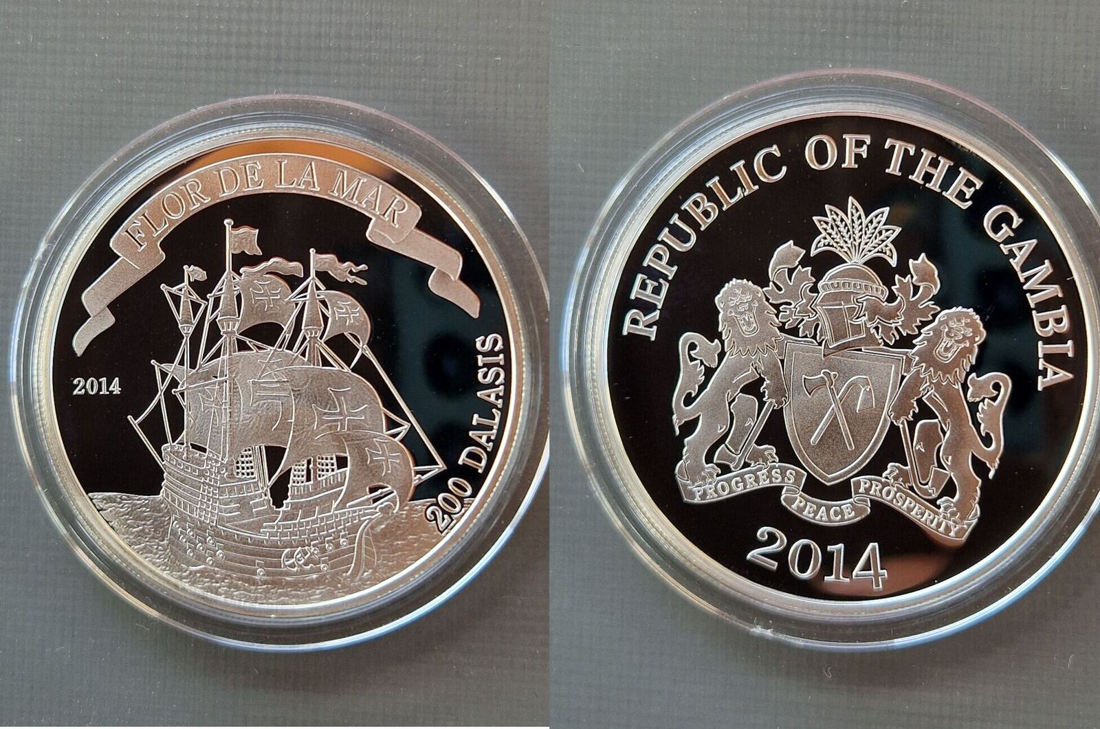 Gambia 200 Dalasis Silber Segelschiff Flor De La Mar 2014 Proof | MA-Shops