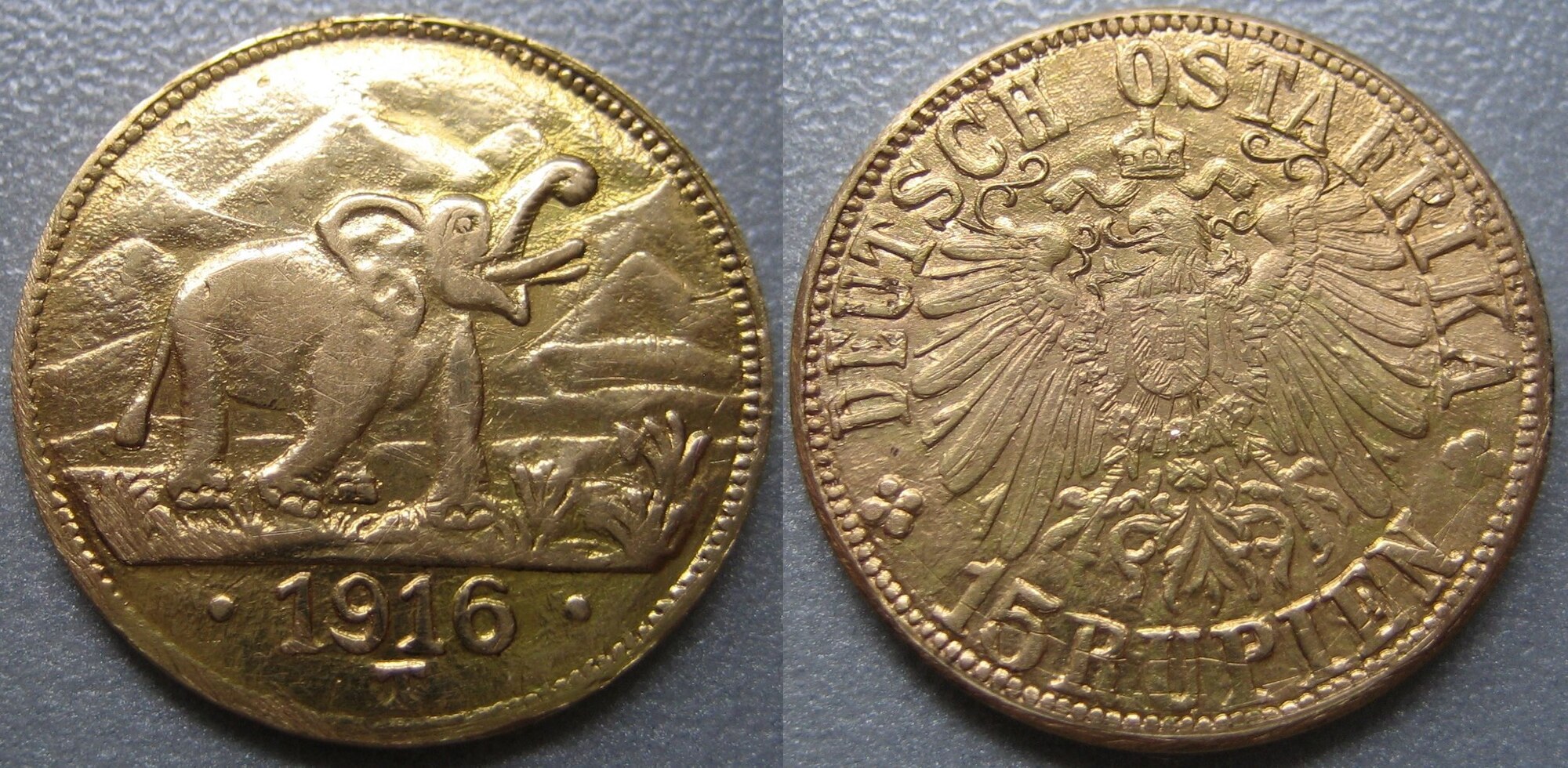 Deutsch Ostafrika 15 Rupien 1916 Tabora Gold Elefant aEF / EF winzige Kratzer | MA-Shops