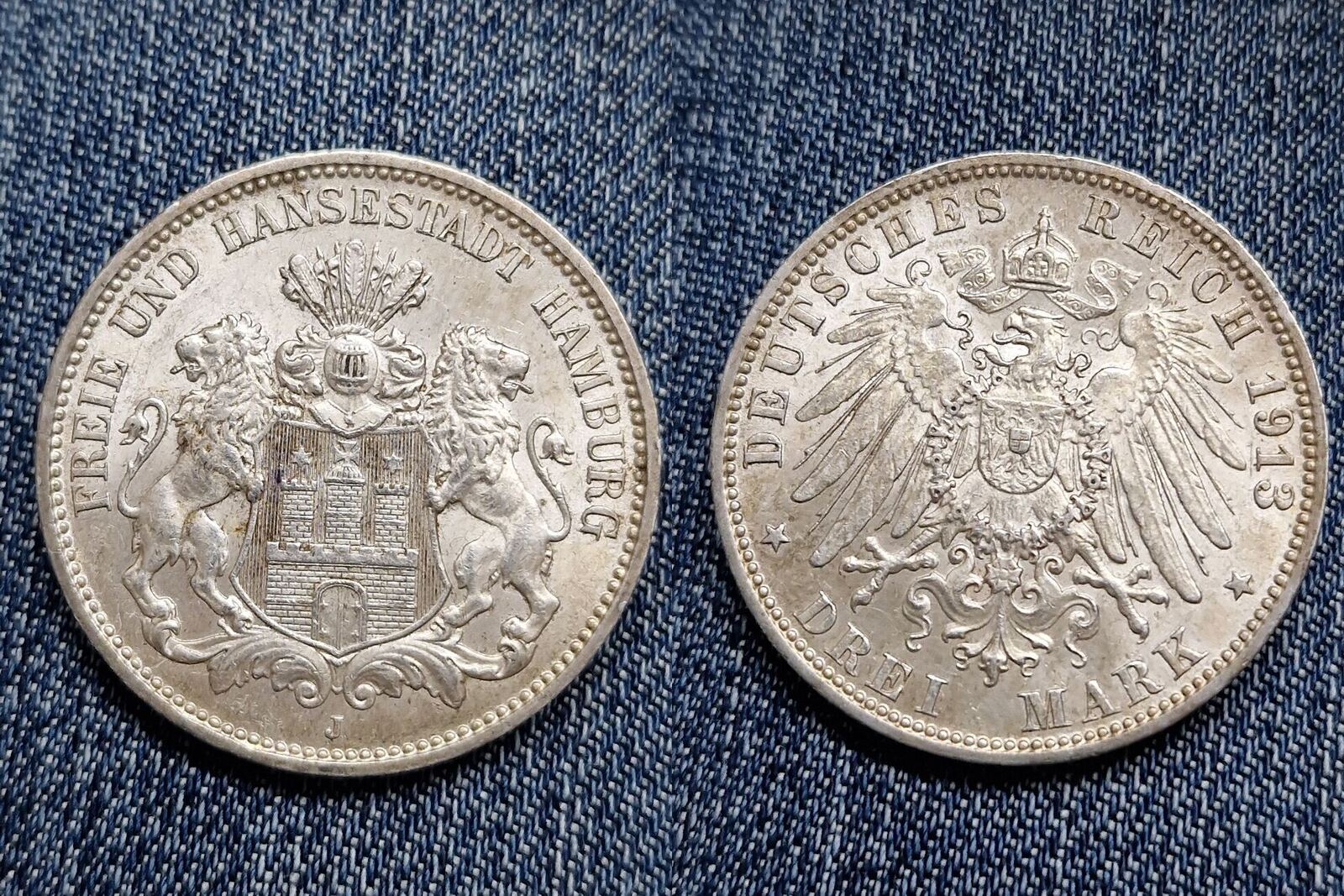 1913 3 Mark Hamburg Jaeger 64 UNC- | MA-Shops