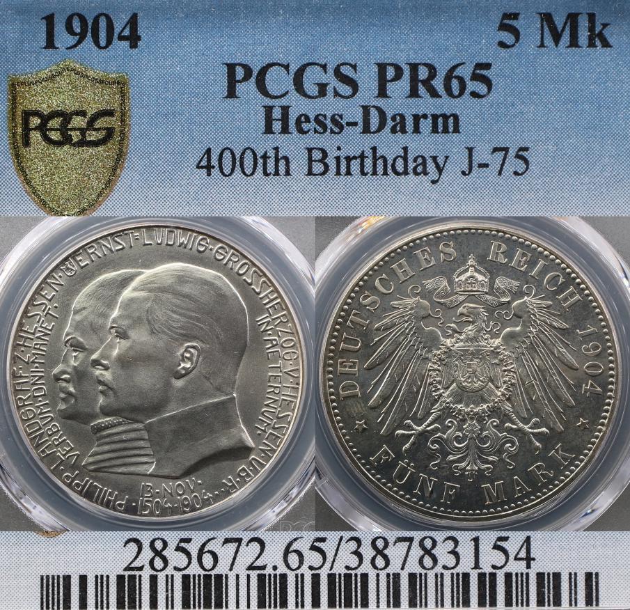 Hess-Darm 5 Mk 1904 5 Mark Hessen 400th Birthday Jaeger-75 PR65 | MA-Shops