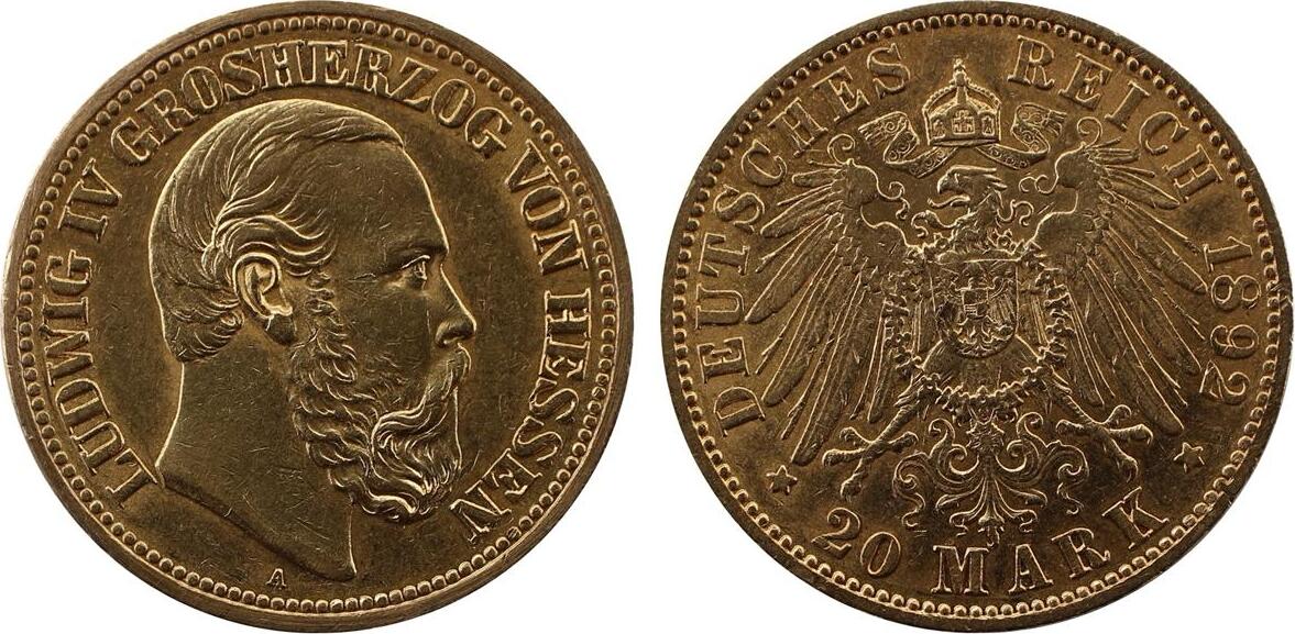 1892 A 20 Mark Hessen Ludwig IV Jaeger EF | MA-Shops
