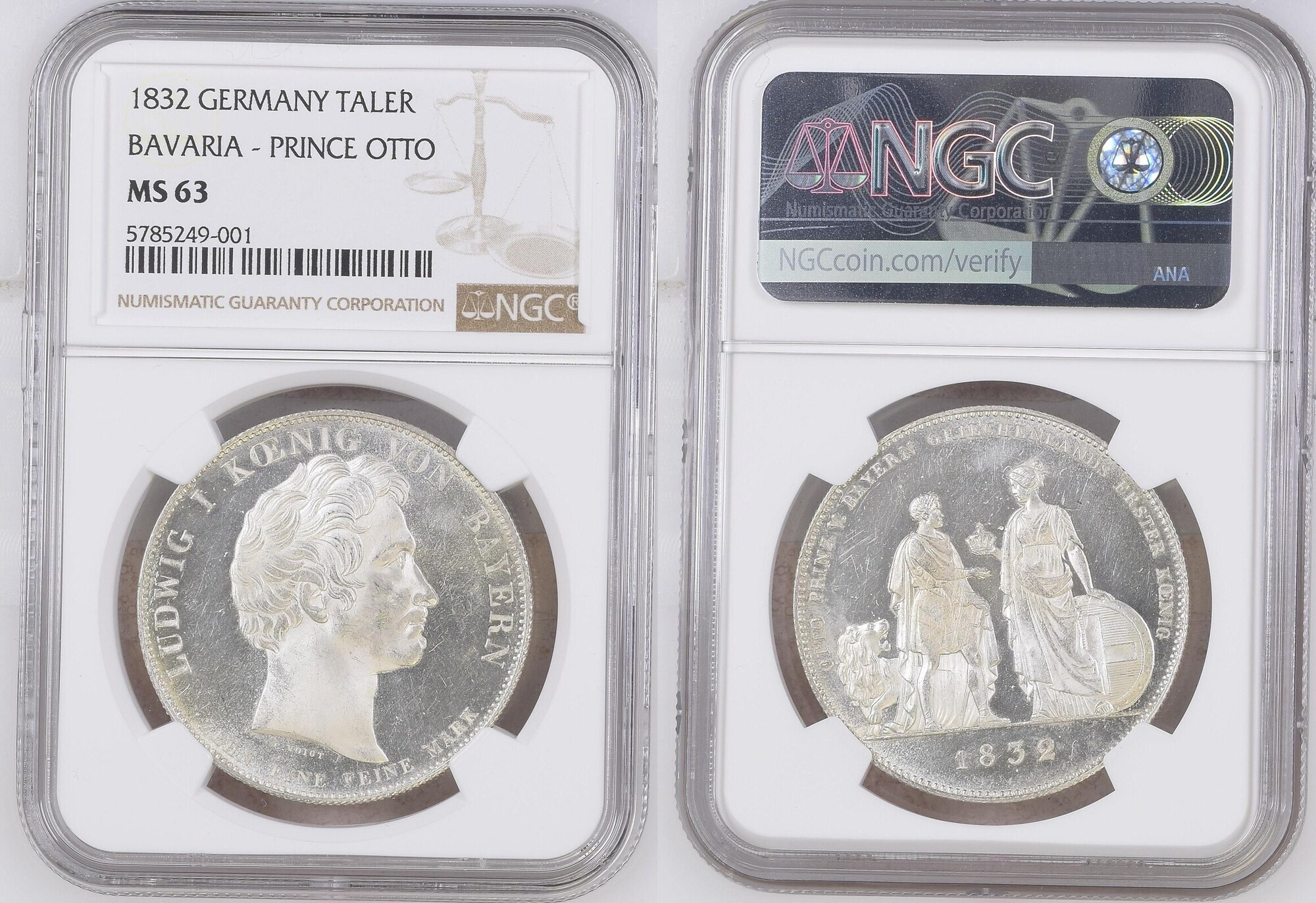 GERMANY 1832 Bavaria Taler Prince Otto NGC MS 63 | MA-Shops