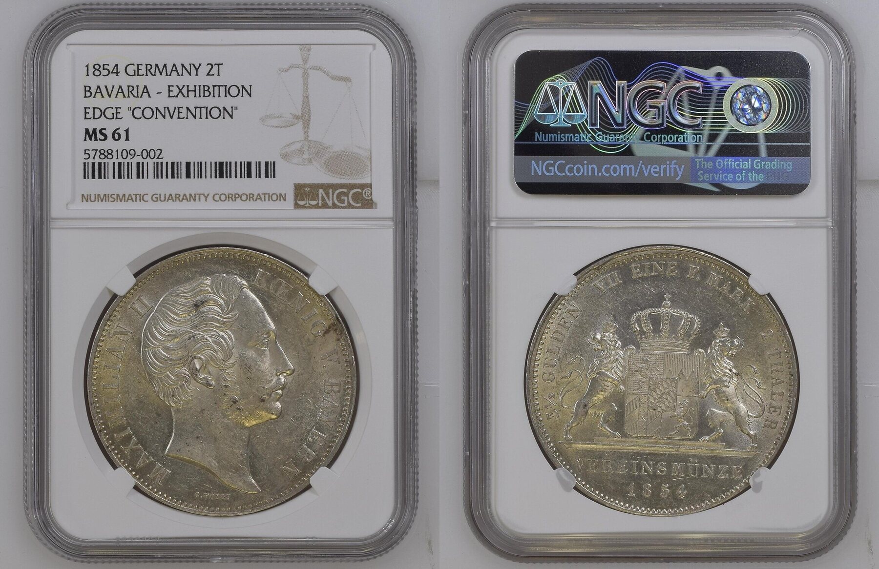 GERMANY 2T 1854 2 Taler Bayern Maximillian II Rand Konvention NGC MS 61 ...