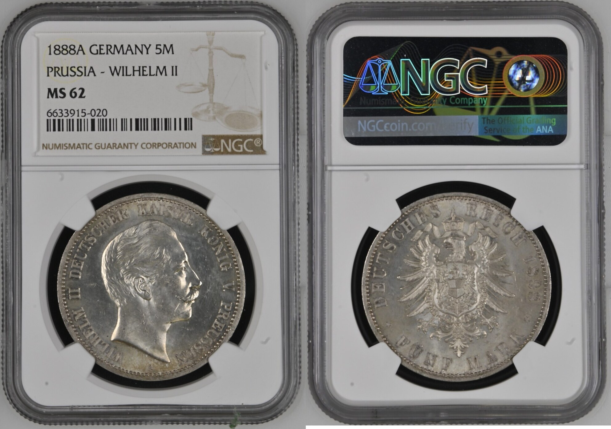 Germany 1888a 5 Mark Preussen 1888 Jaeger 101 Ngc Ms 62 Ma Shops