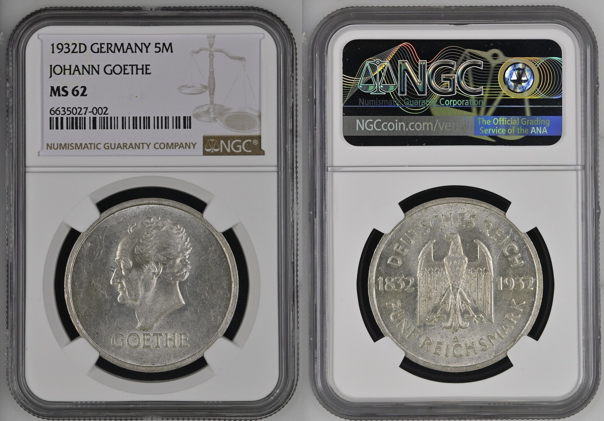 GERMANY 1932D 5 Mark Johann Wolfgang von Goethe NGC MS 62 | MA-Shops
