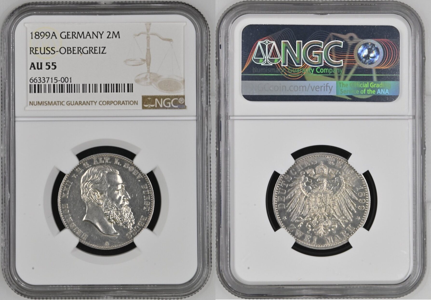 GERMANY 1899A 2 Mark Reuss Heinrich XXII Jaeger 118 NGC AU 55 | MA-Shops