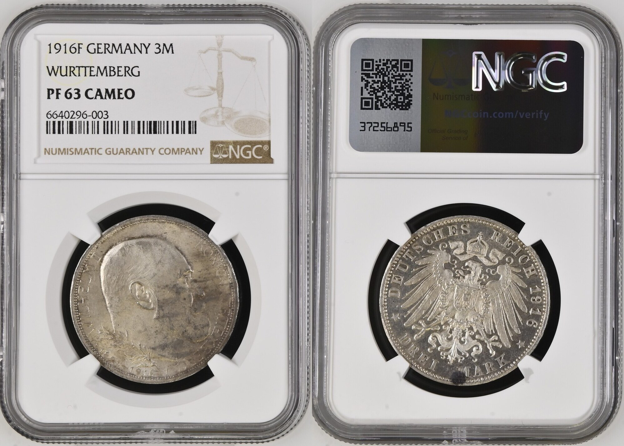 GERMANY 1916F 3 Mark Württemberg 1916 NGC PF 63 CAMEO | MA-Shops
