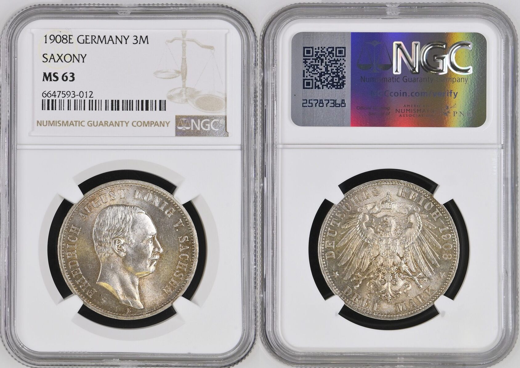 GERMANY 1908E 3 Mark Sachsen 1908 Jaeger 135 NGC MS 63 | MA-Shops