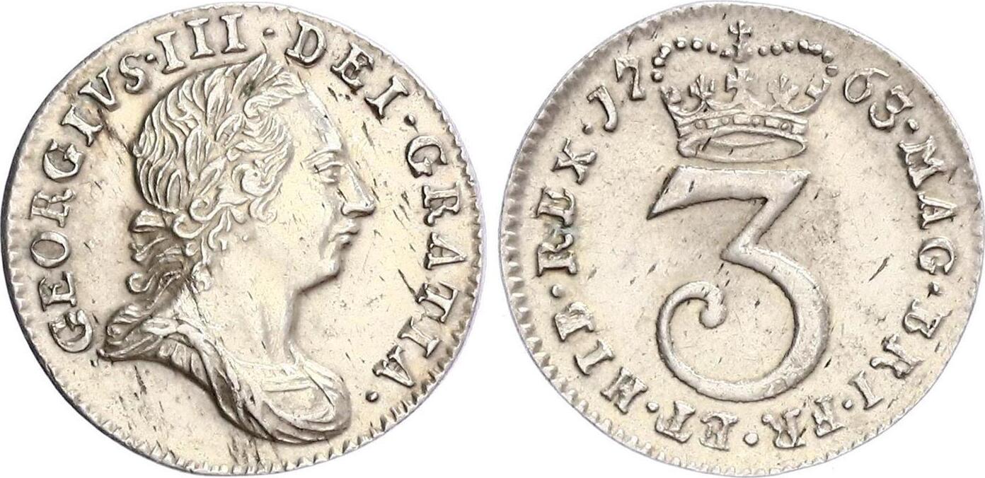 Grossbritanien 3 Pence 1763 Georg III 1760 - 1820 UNC- | MA-Shops