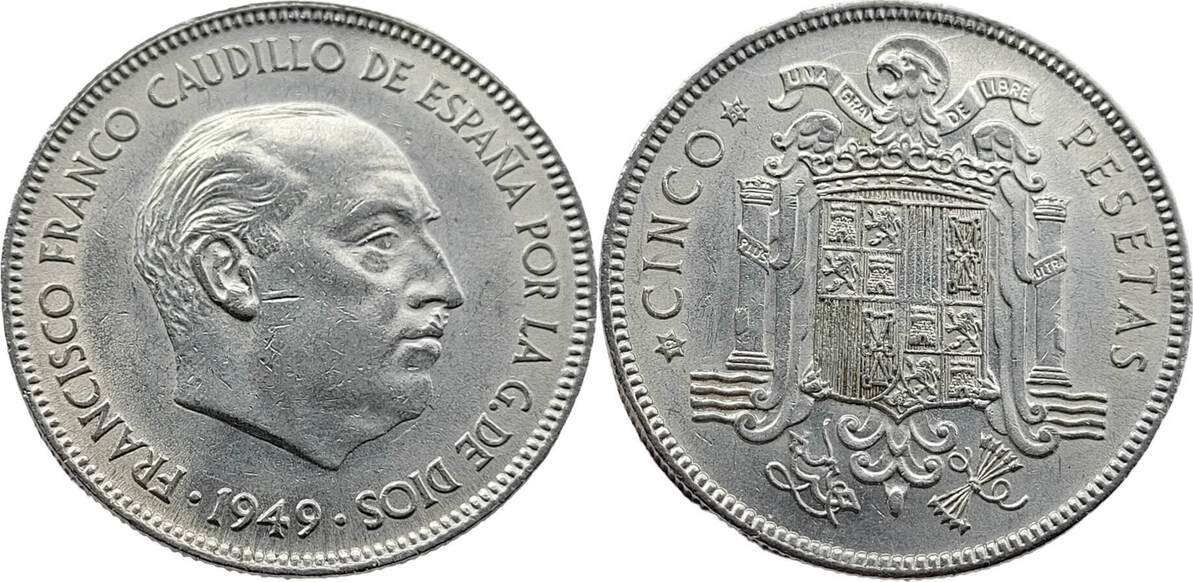 Spanien 5 Pesetas 1949 Francisco Franco (1939 - 1975), 50 im Stern AU ...
