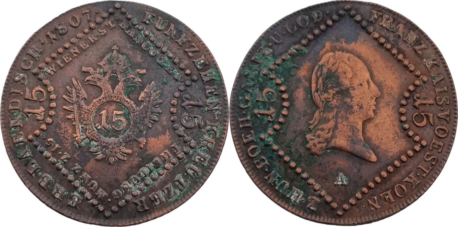 15 Kreuzer 1807 Kaisertum Österreich (1806 - 1857), mit Grünspan VF-EF ...
