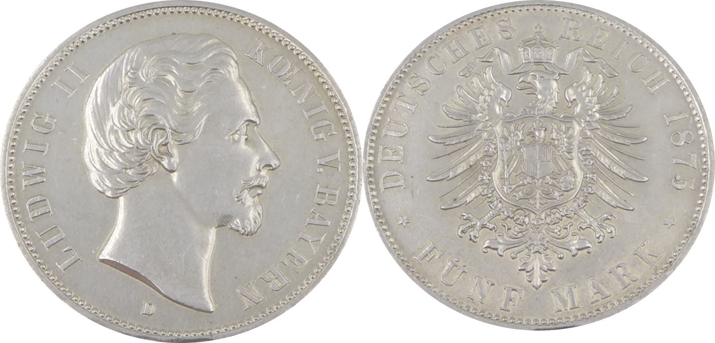 5 Mark 1875 D Ludwig II. König von Bayern - J.42 UNC | MA-Shops