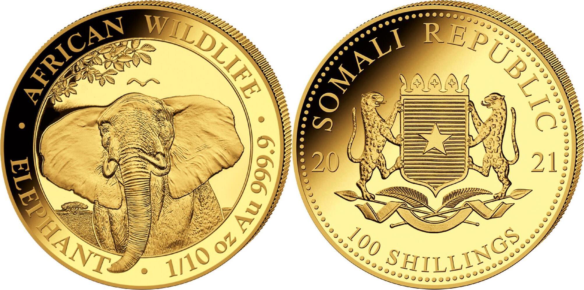 100 Shillings 2021 Somalia Elefant - 1/10 oz Gold - African Wildlife Elephant BU ,Prooflike | MA ...