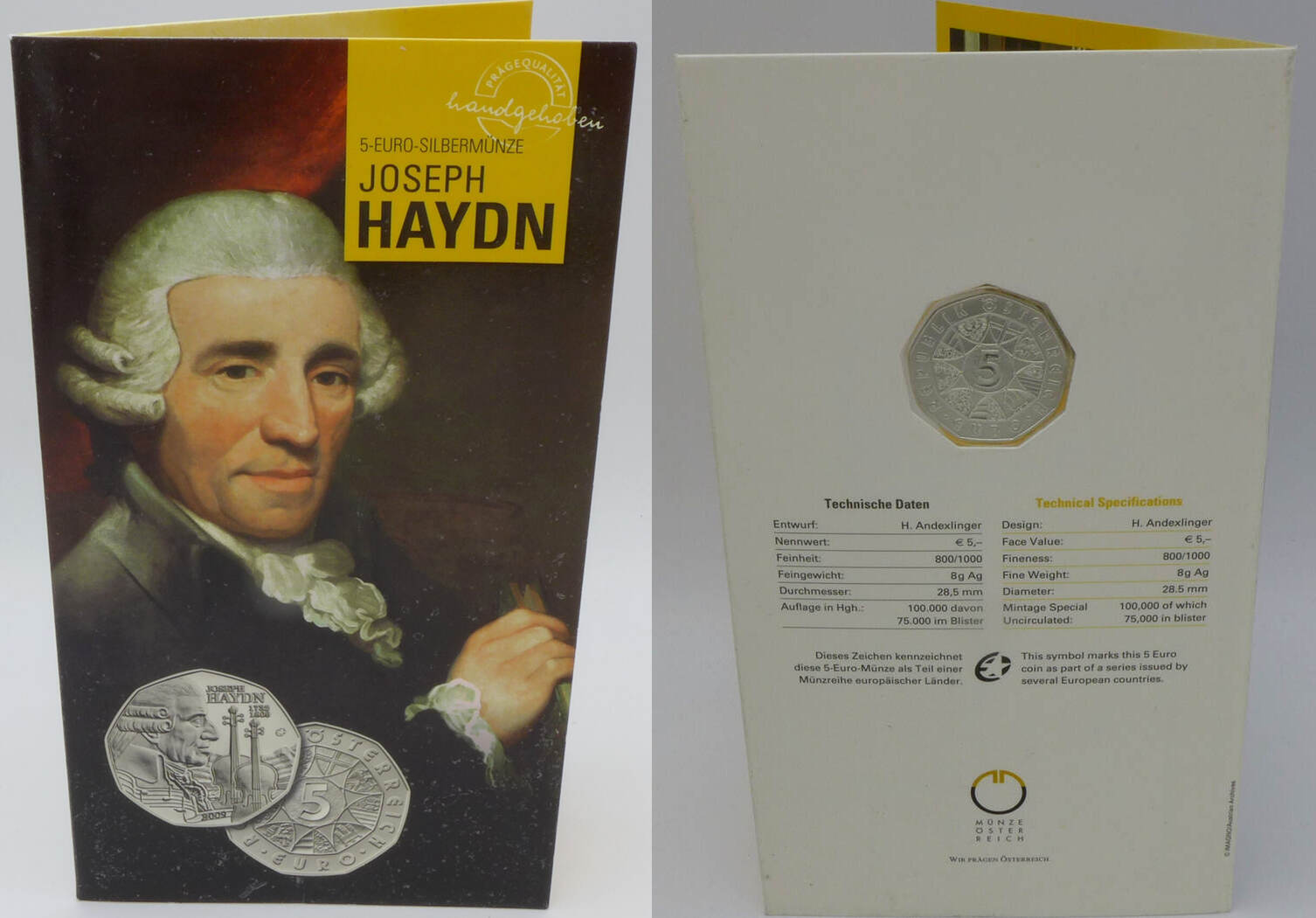 Österreich 5 Euro 2009 5-Euro-Silbermünze - 200. Todestag von Joseph Haydn MS-70, im Blister ...