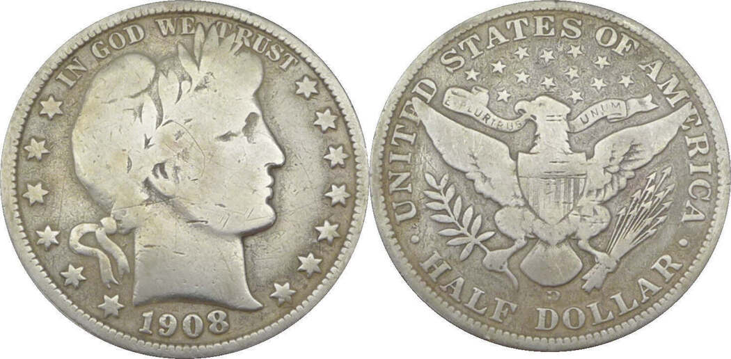 United States of America / USA 1/2 Dollar (Half Dollar) 1908 D Barber ...
