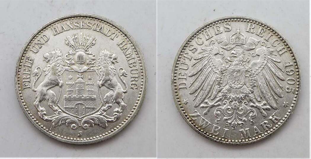 Kaiserreich Hamburg 2 Mark 1905 J, seltener Jahrgang Zwei Mark / Freie Hansestadt Hamburg VF ...