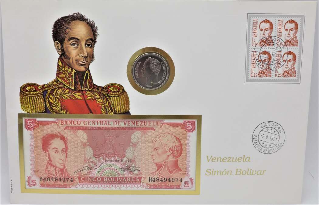 Venezuela 5 Bolivar + 5 Bolivar 1989 Portait von Simón Bolívar ...