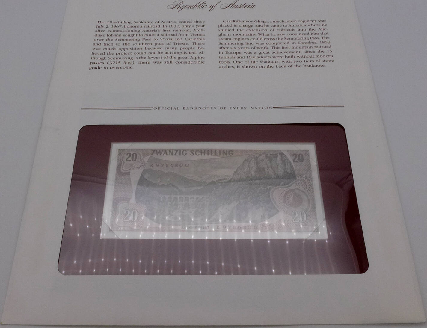 Republik Österreich 20 Schilling 1967 Banknote - Carl Ritter von Ghega ...
