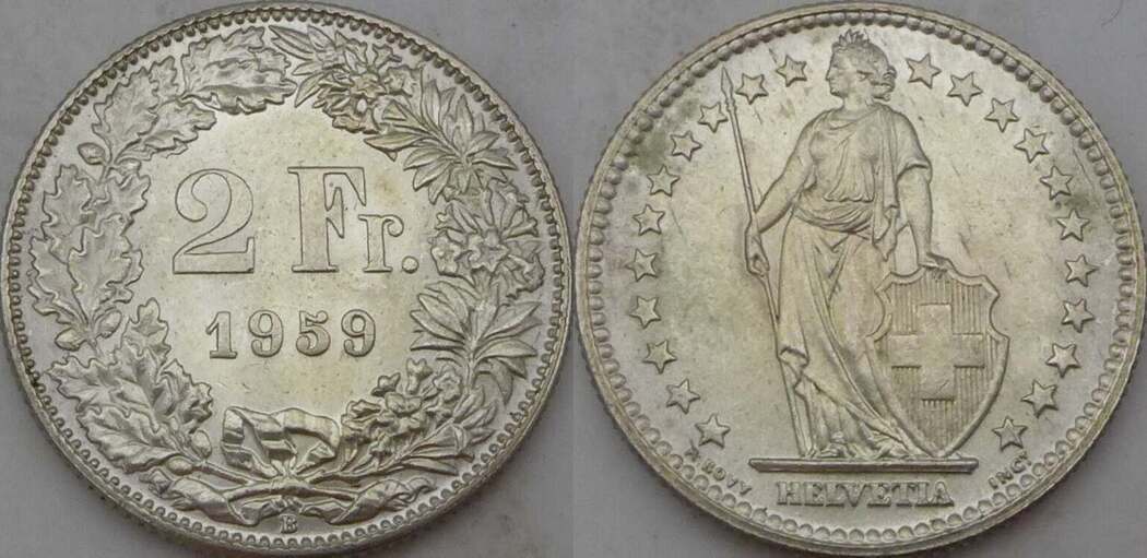 Schweizerische Eidgenossenschaft / Schweiz 2 Franken 1959 B Helvetia - Eidgenossenschaft - 2 Fr ...