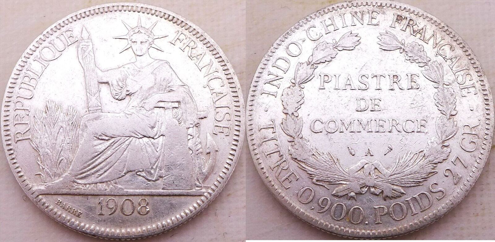 Indochina- Frankreich 1 Piastre 1908 A Piastre de Commerce VF+ | MA-Shops