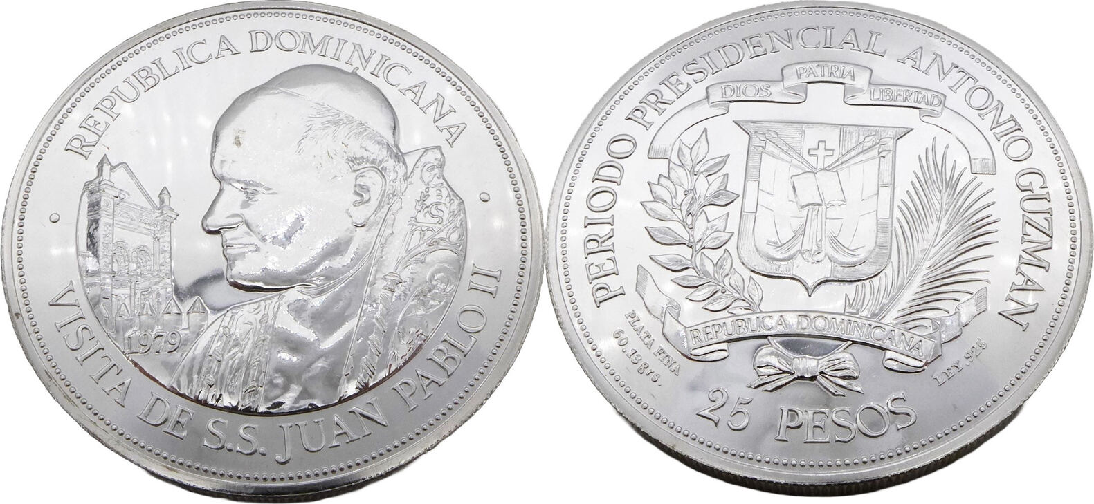 Dominikanische Republik 25 Pesos 1979 Besuch von Johannes Paul II. BU ...
