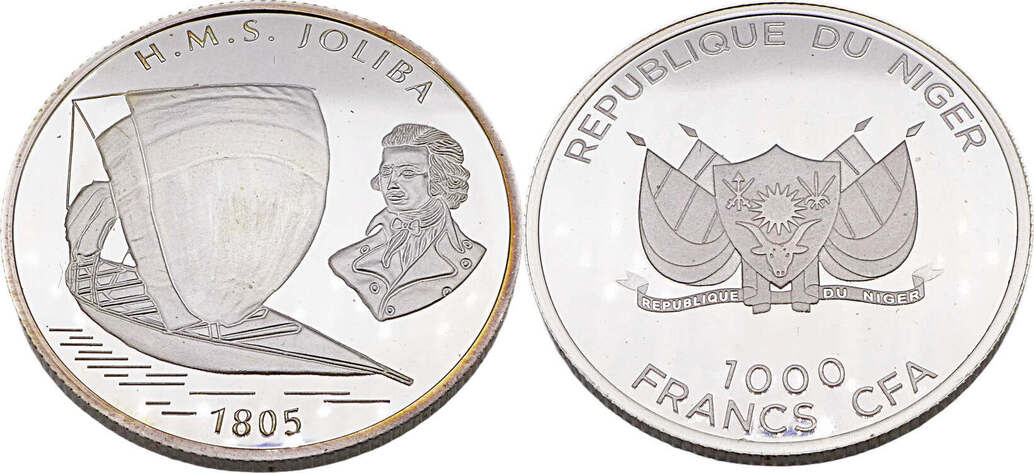 Niger 1000 Francs CFA 2010 Geschichte der Seefahrt, H.M.S. Joliba Proof ...