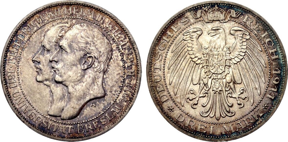 Preußen 3 Mark 1911 A Wilhelm II. 1888 - 1918 - Uni Breslau UNC-, herrliche Patina, min.ber ...