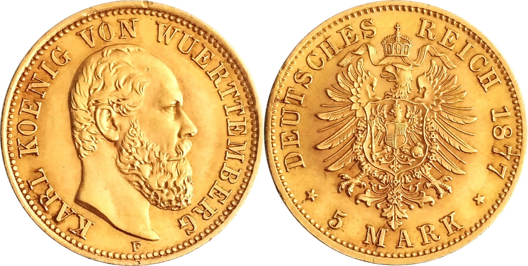 1877 Gold 5 Mark, Germany- Württemberg, Karl I, Very Rare Almost ...