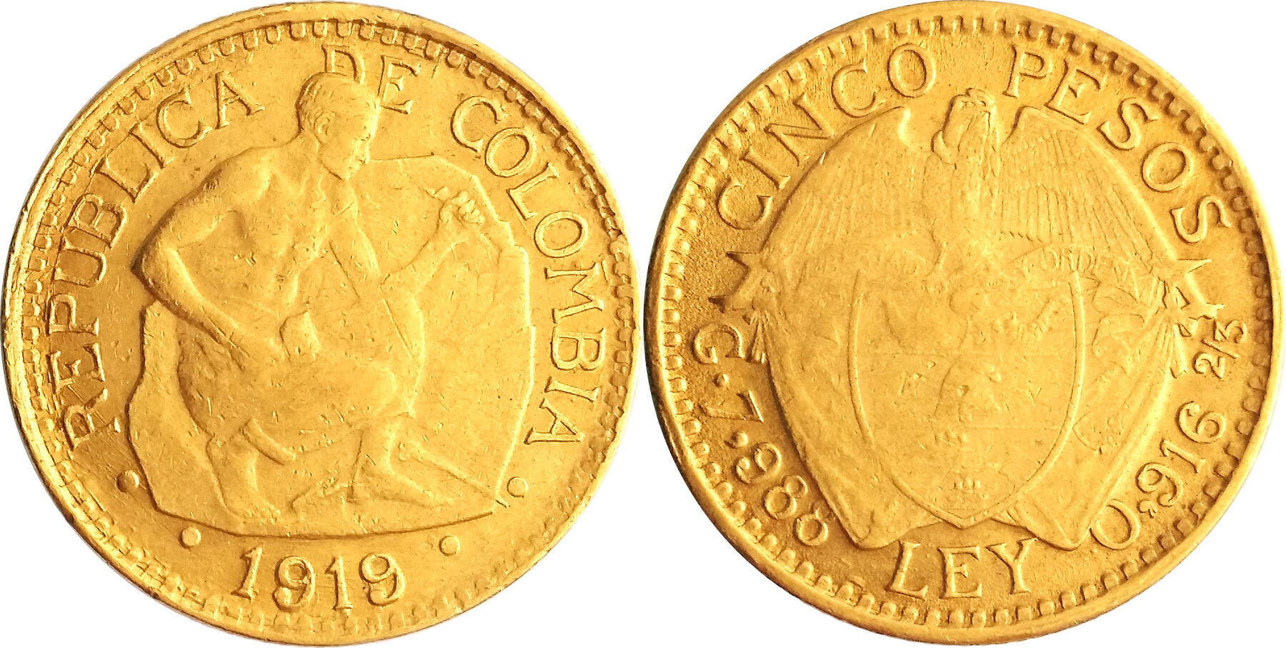 1919 Gold 5 Pesos, Colombia Almost Uncirculated | MA-Shops
