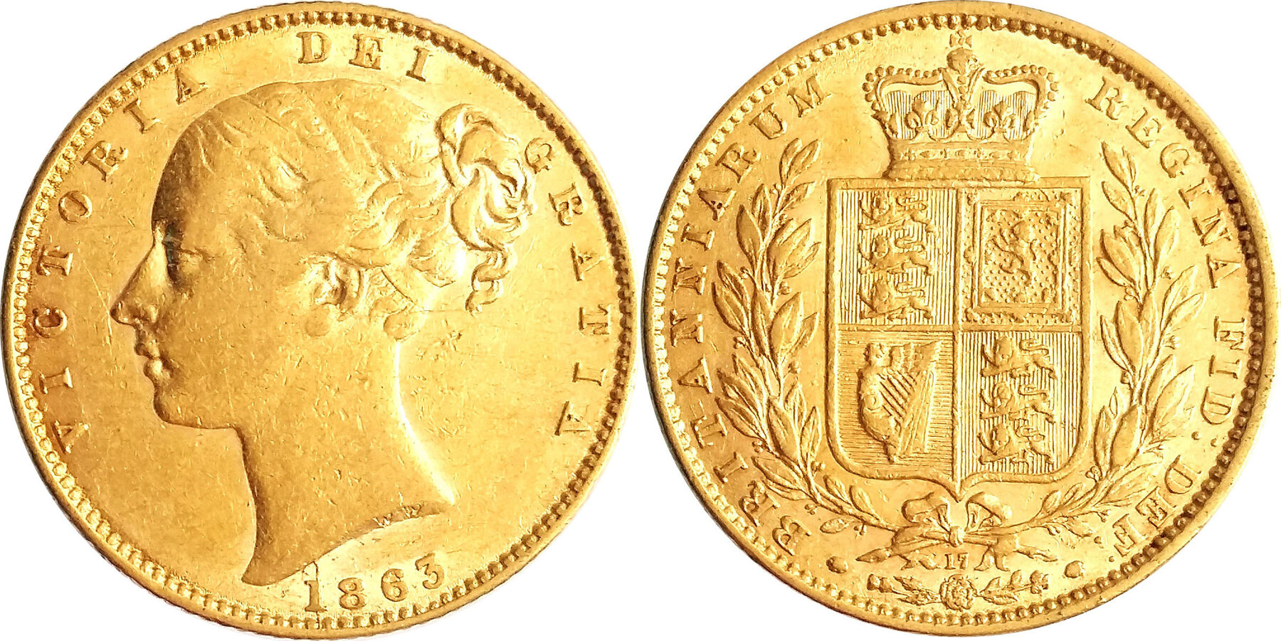 1863 Gold Sovereign "Die Number 17", Great Britain, Scarce Extra Fine ...