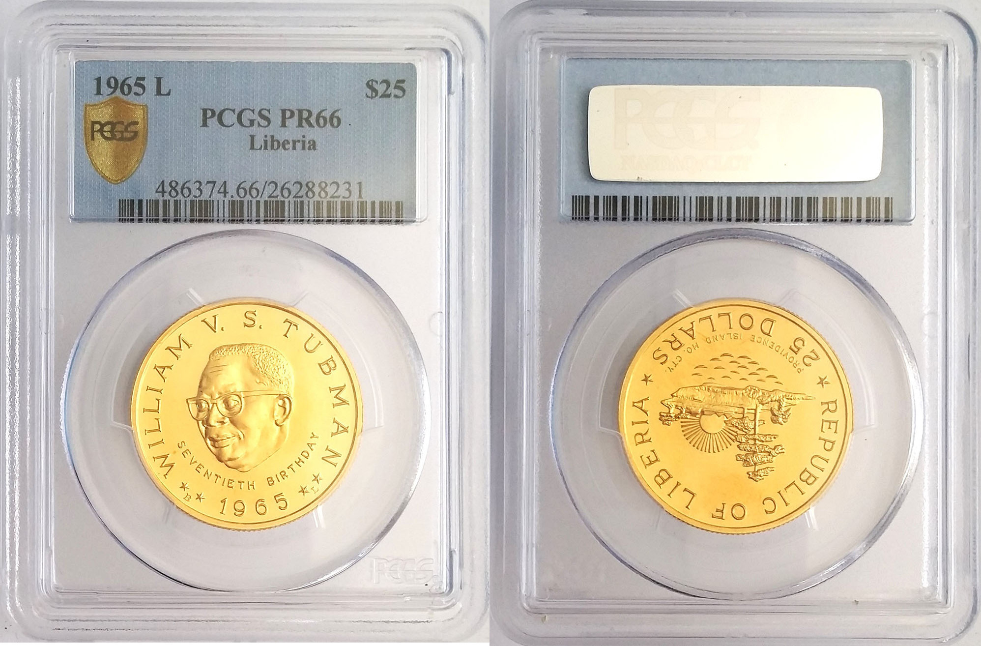 1965 Gold 25 Dollars Liberia "Tubman's 70th Birthday", Rare, PCGS PR-66 ...
