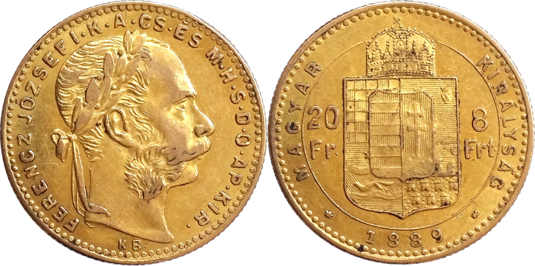 1889 Gold 20 Francs-8 Forint Hungary, Franz Joseph I Extra Fine | MA-Shops
