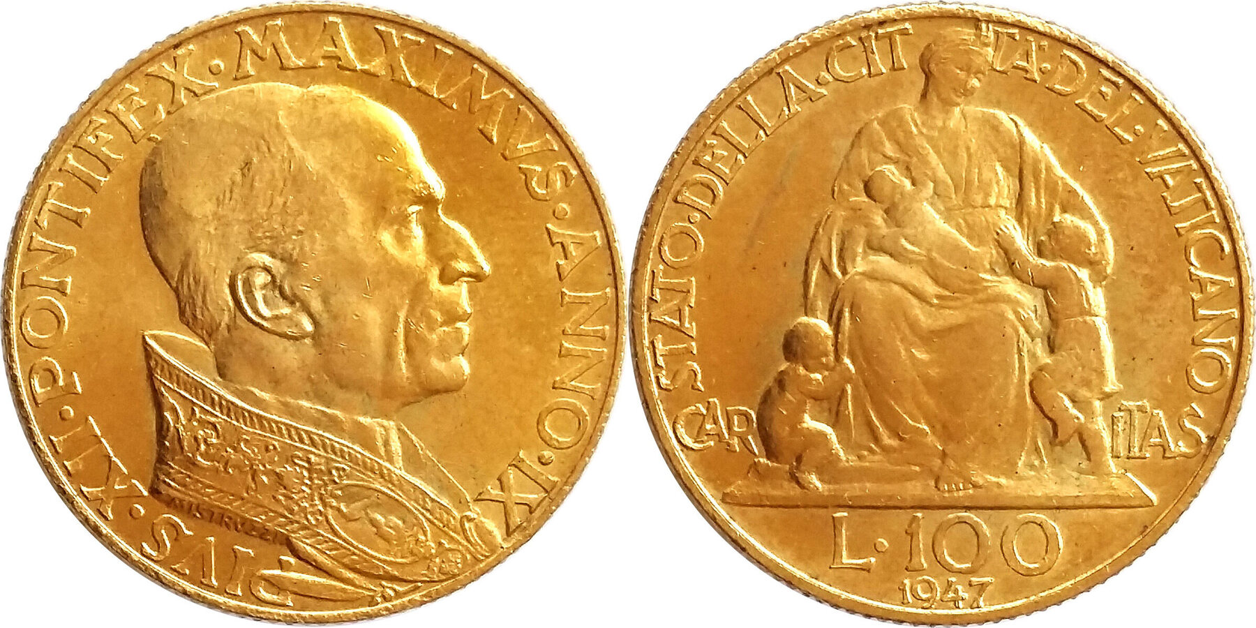 1947 Gold 100 Lire, Vatican, Pope Pius XII, Only 1000 minted, Rare ...