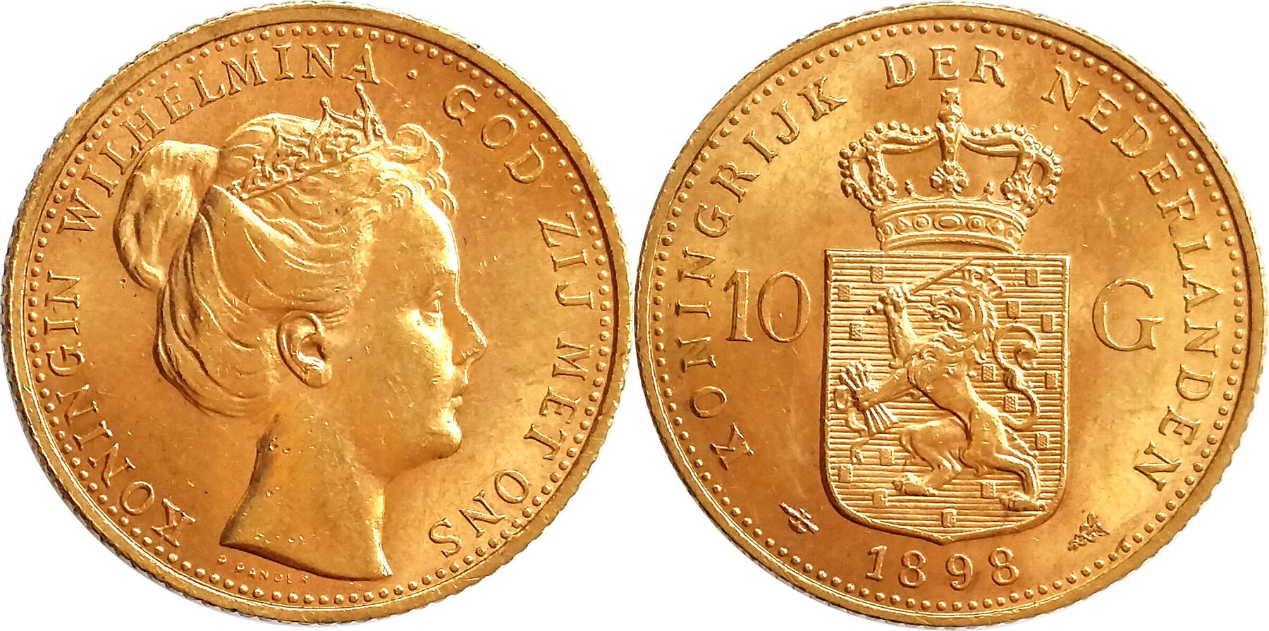 1898 Gold 10 Gulden, Netherlands, Very Rare Uncirculated | MA-Shops