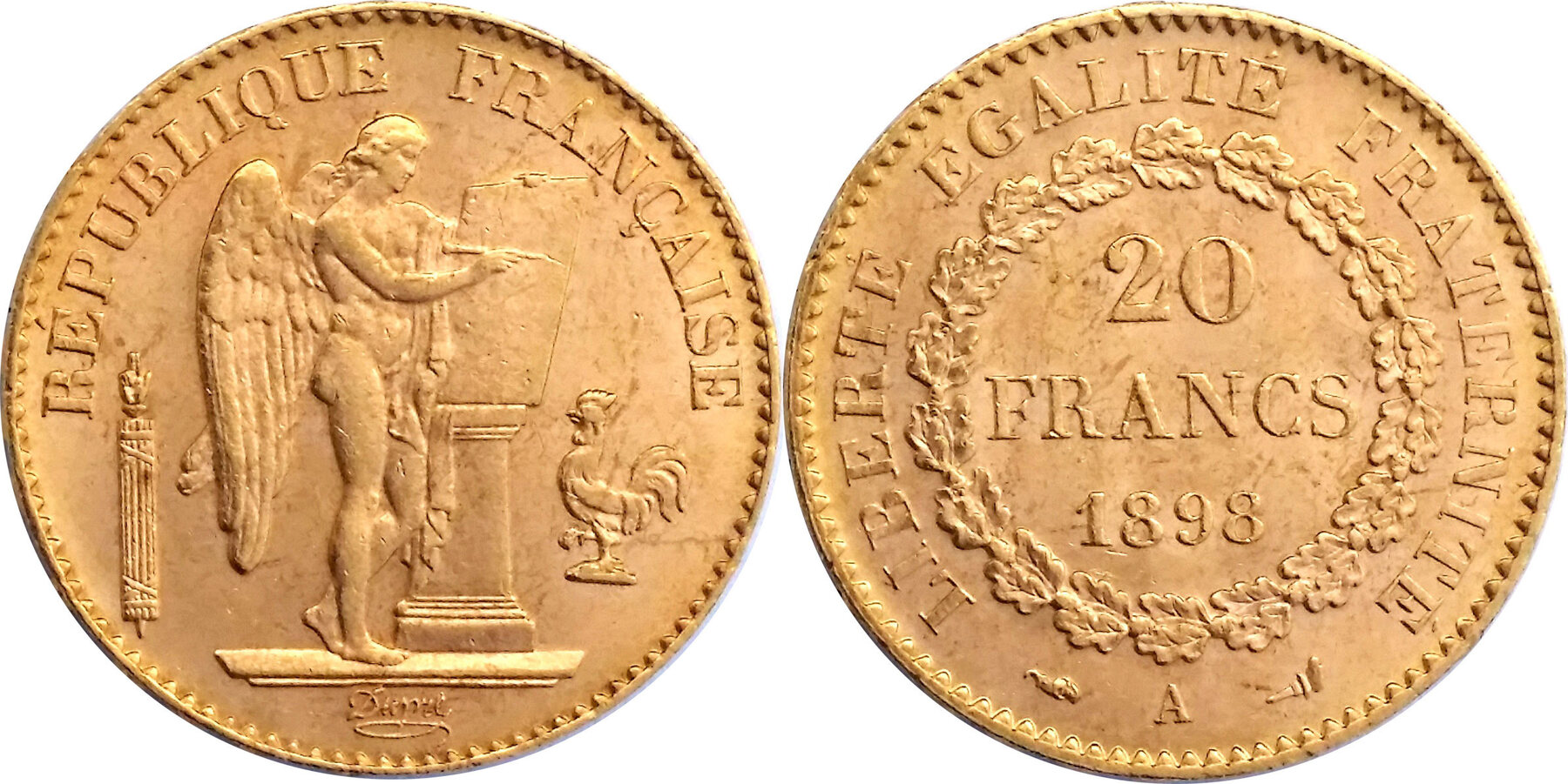 1898 Gold 20 Francs, France, Lucky Angel Uncirculated | MA-Shops