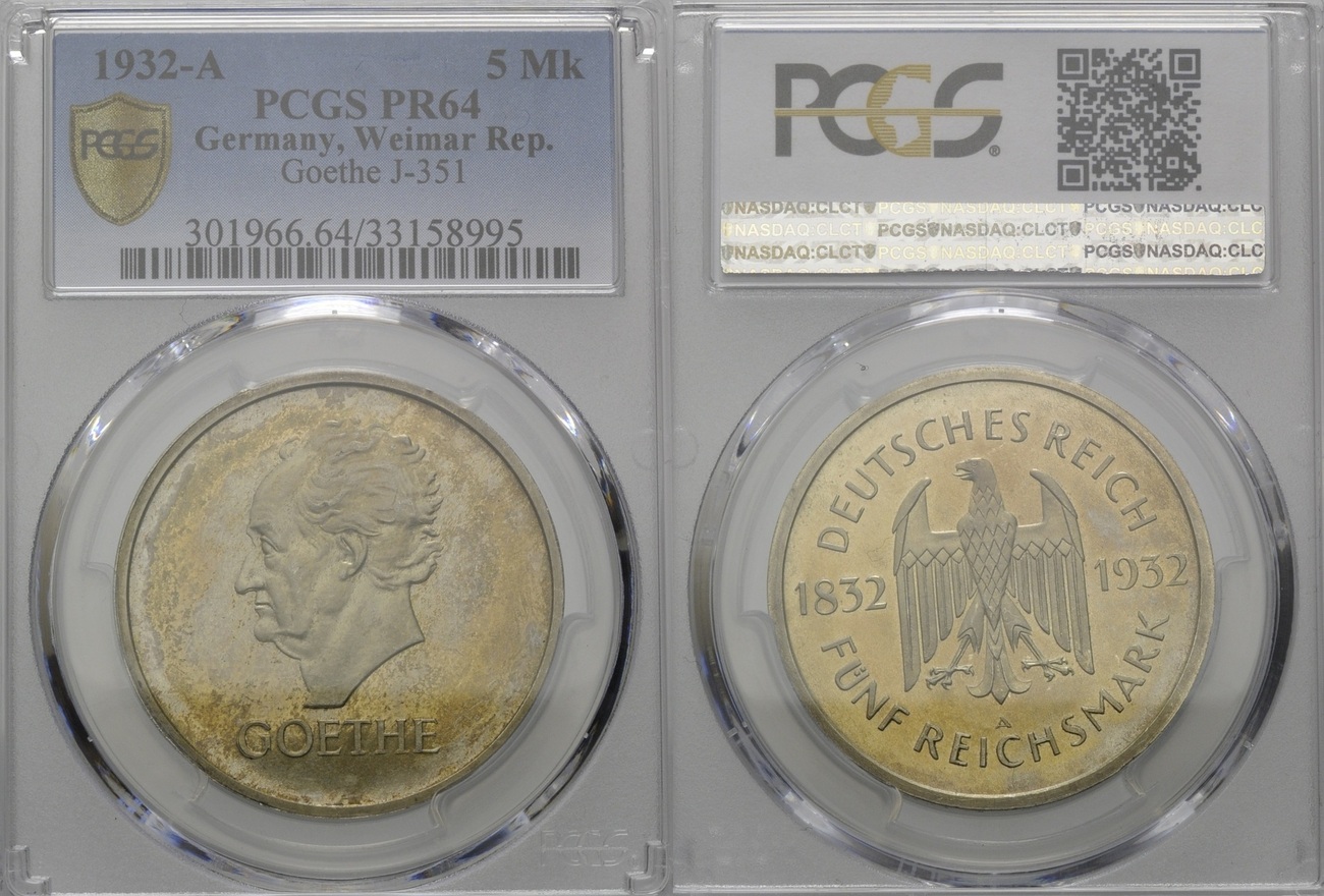 Weimarer Republik, 5 Mark 1932 A, Goethe, PCGS PR64; PP, Prachtexemplar ...