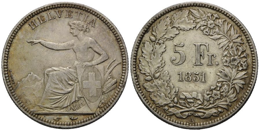 Schweiz, 5 Franken 1851, Bundesstaat, seit 1848, ss-f.EF | MA-Shops