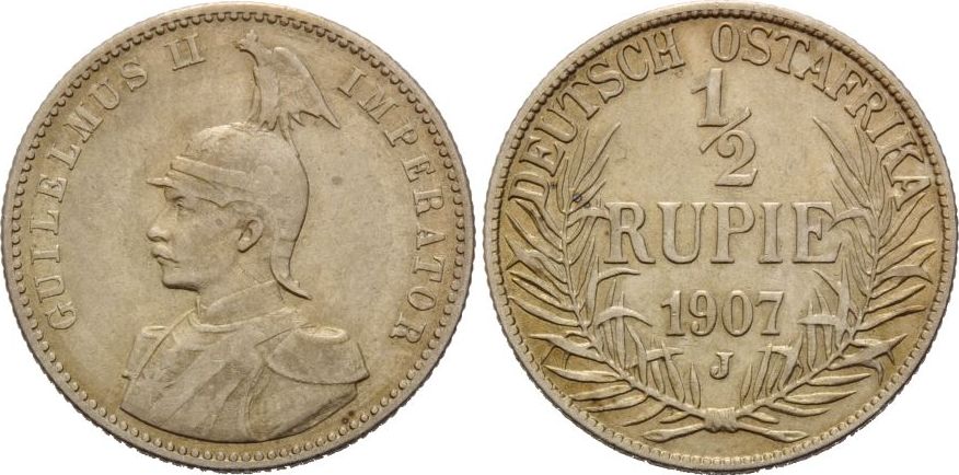 Deutsch Ostafrika, 1/2 Rupie 1907 J Wilhelm II., 1888-1918, VF / EF ...
