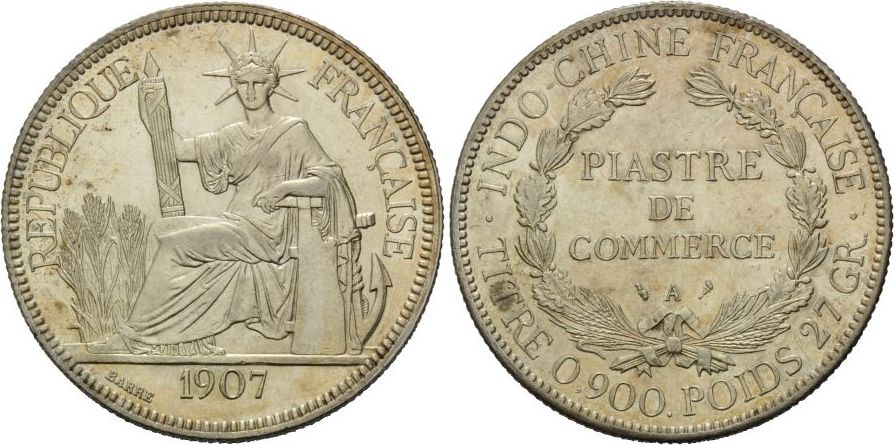 Französisch-Indochina, Piaster 1907 A 1884-1954, Piastre de Commerce ...