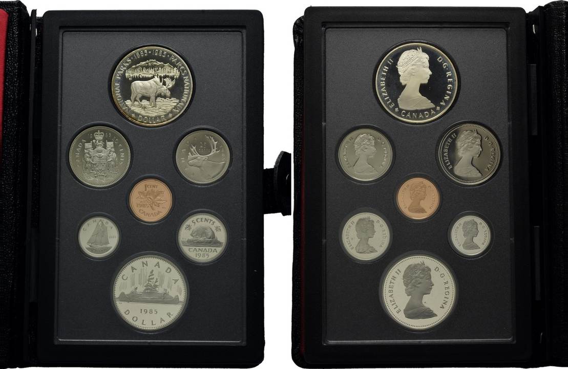 Kanada, KMS 1985, Royal Canadian Mint Proof-Set mit 1 Dollar 100 J ...